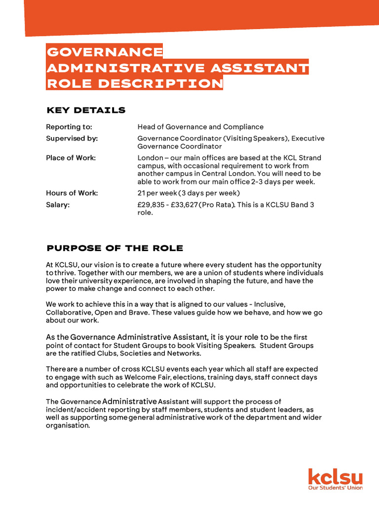 Governance Administrative Assistant Role Description: Key Details | PDF