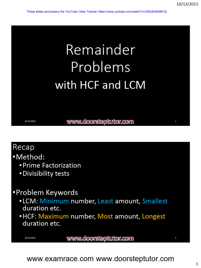 HCF and LCM Remainder Problems Guide | PDF | Abstract Algebra ...