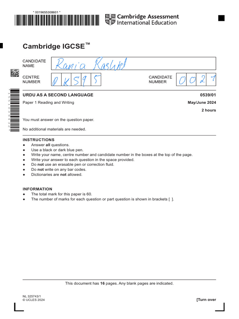 Cambridge IGCSE: Urdu As A Second Language 0539/01 | PDF