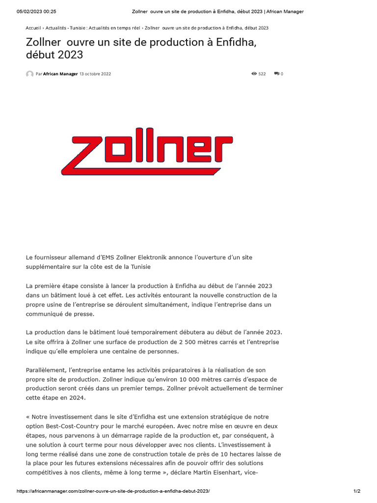 Zollner inaugure une usine à Enfidha | PDF