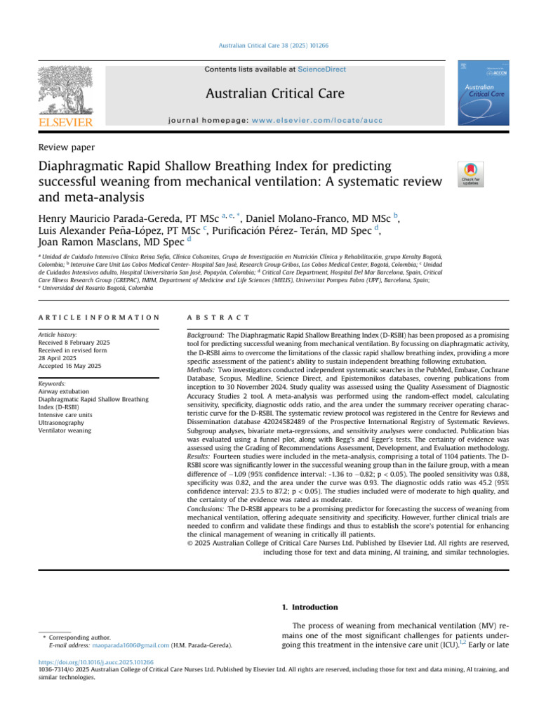Diaphragmatic Rapid Shallow Breathing Index For Predicting VM | PDF ...