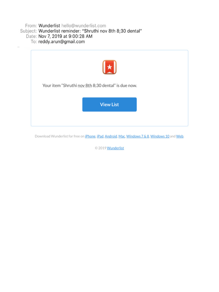Wunderlist Reminder “Shruthi Nov 8th 8;30 Dental” | PDF