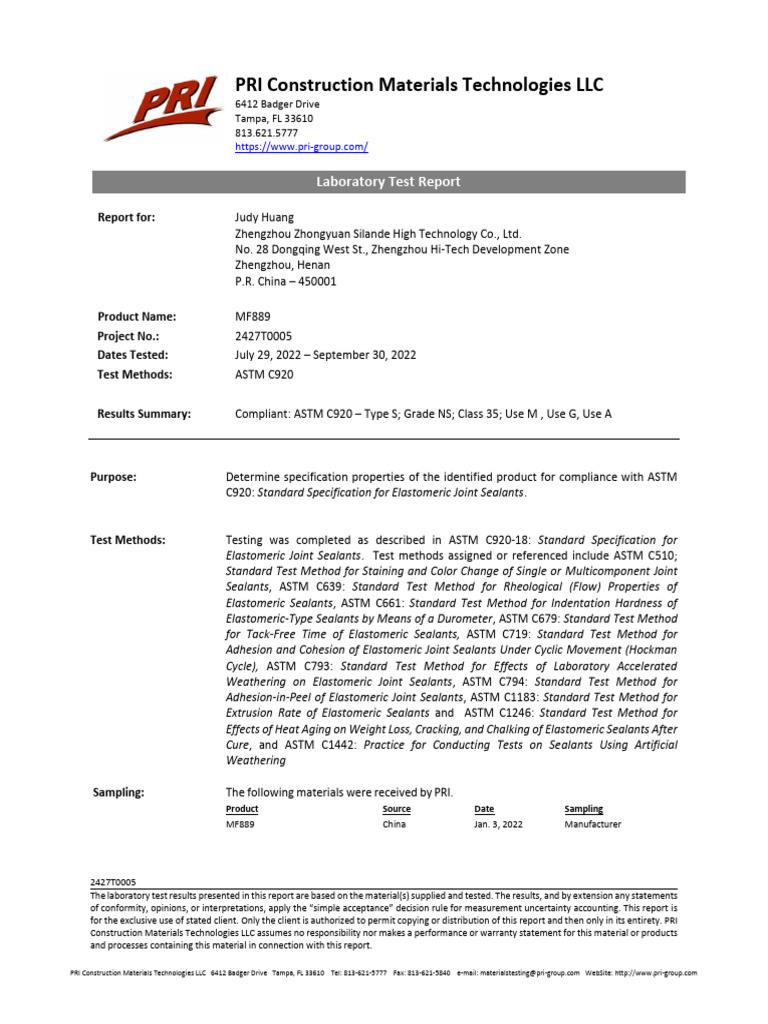 ASTM C920 Compliance Report for MF889 | PDF | Physical Sciences ...