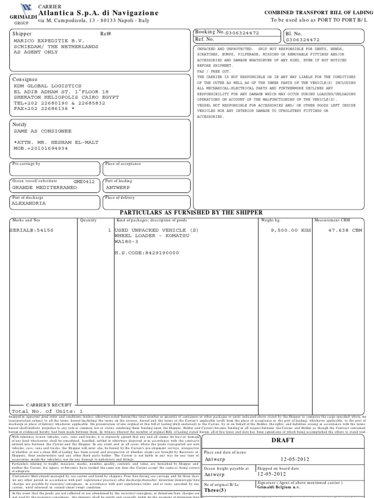Particulars As Furnished by The Shipper: Draft | PDF | Bill Of Lading ...