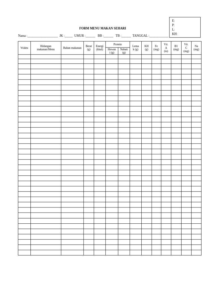 Form Menu Makan Sehari | PDF