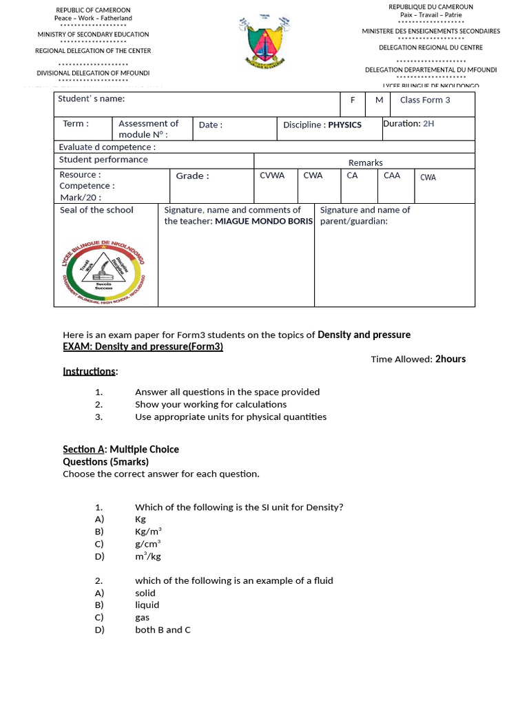 Form 3 Physics Exam: Density & Pressure | PDF | Liquids | Density