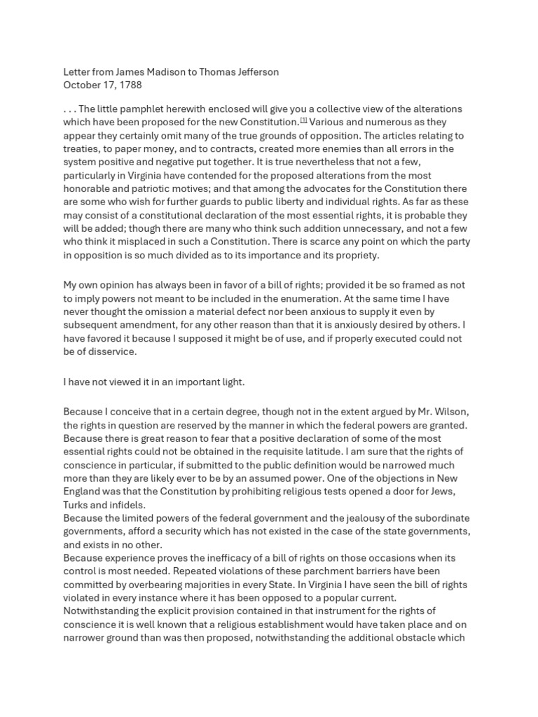 11. Letter From James Madison to Thomas Jefferson (1788) | PDF | United ...
