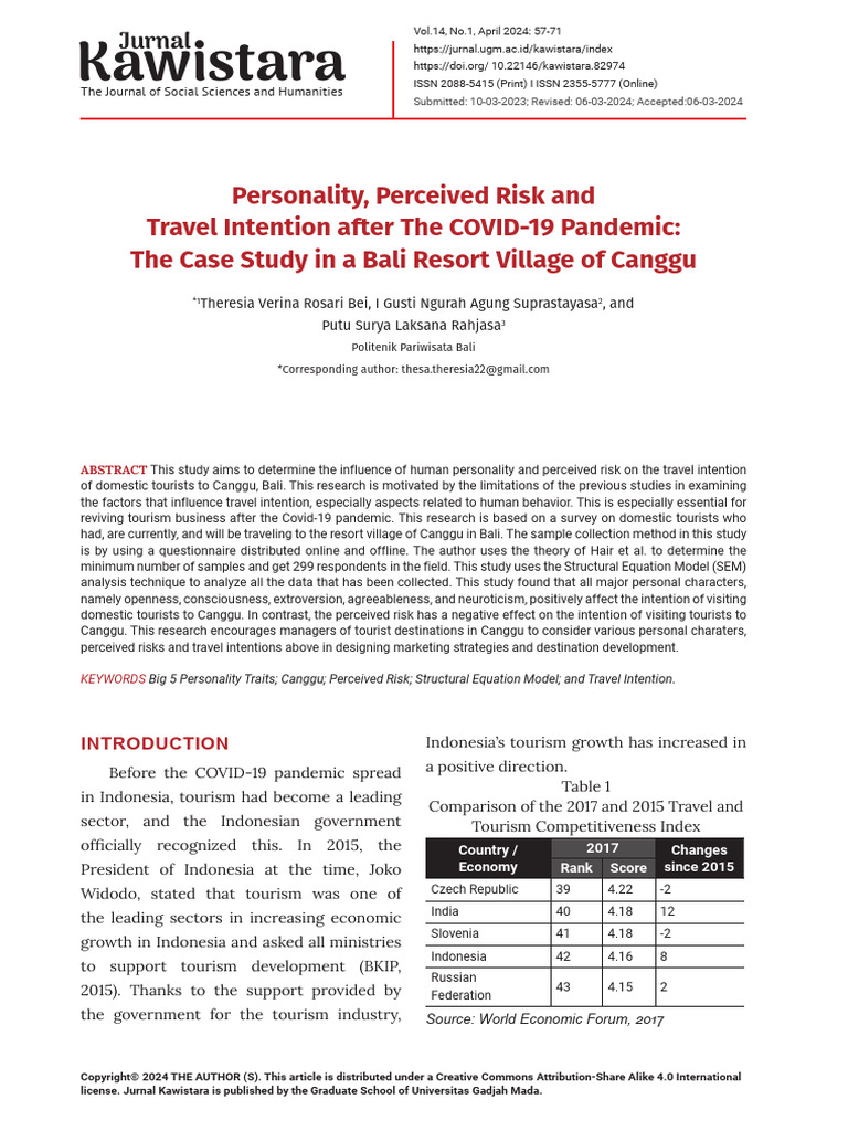 Personality Perceived Risk and Travel Intention After The COVID-19 ...