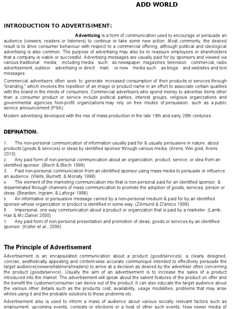 Introduction To Advertisiment:: The Principle of Advertisement | PDF ...