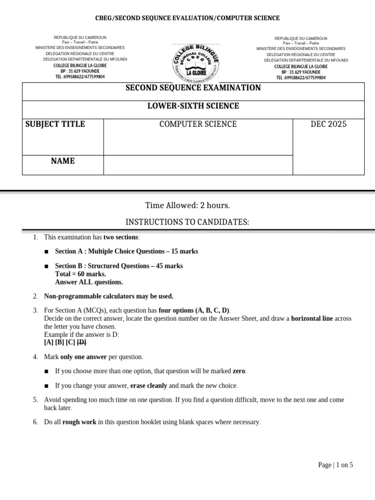 Computer Science Lower-Sixth Exam 2025 | PDF | Computer Network | Osi Model