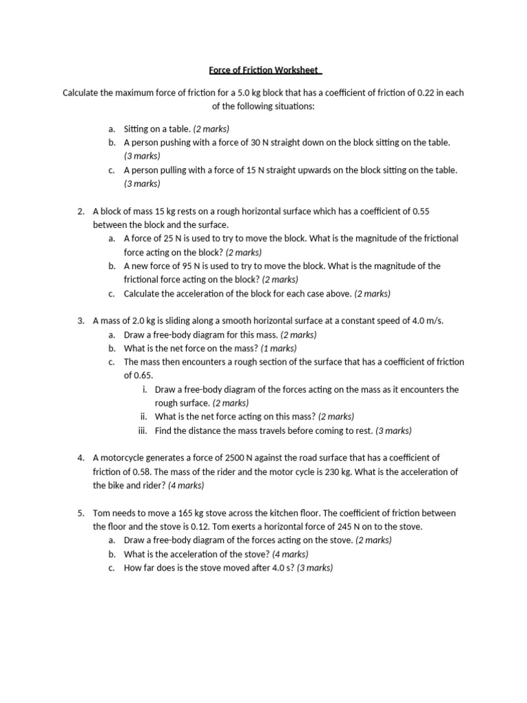 Maximum Friction Force Calculations Worksheet | PDF | Force | Friction