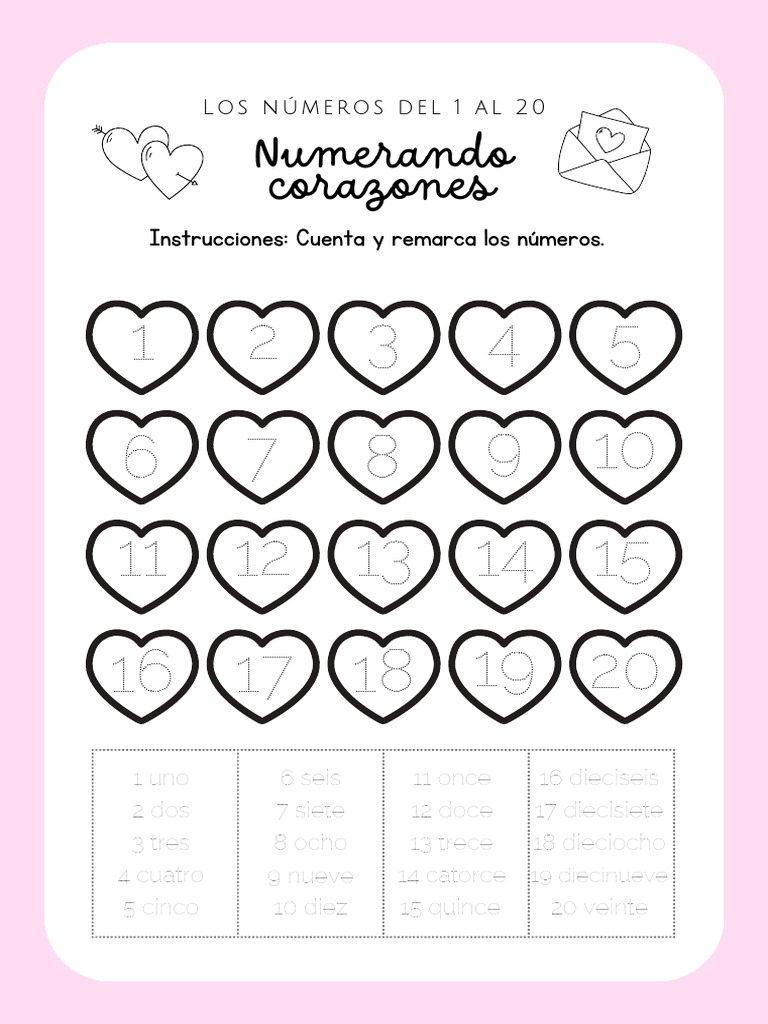 Hoja de Trabajo Numerando Corazones Números Del 1 Al 20 San Valentín ...