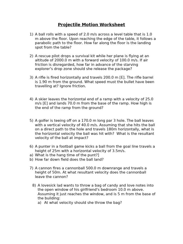 Projectile Motion Worksheet | PDF