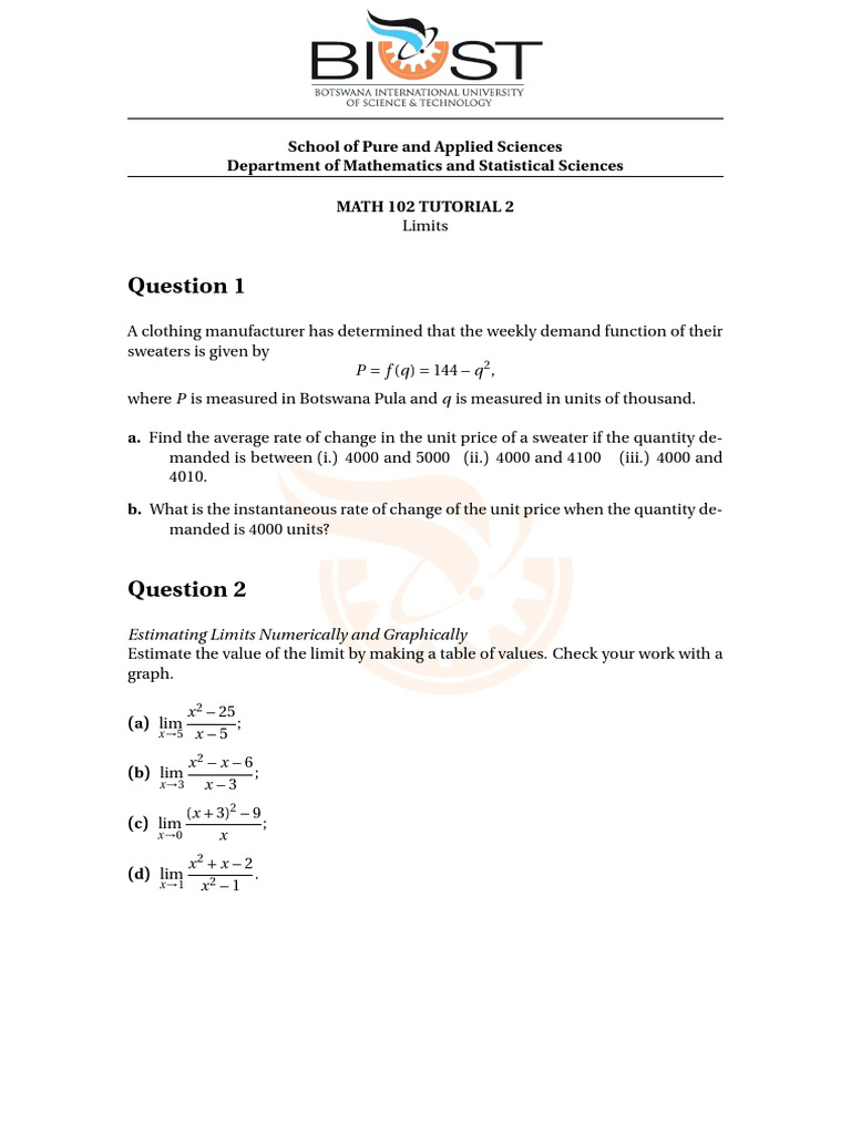Limits in Mathematics: Tutorial Exercises | PDF | Mathematics