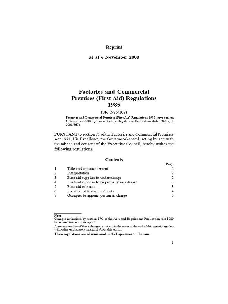 SR 108 - Factories and Commercial Premises First Aid Regulations 1985 | PDF