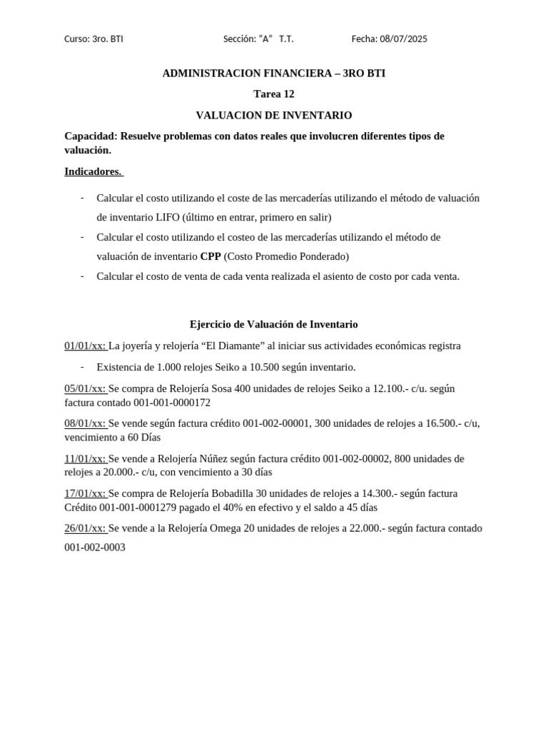 Tarea 12 - Ejercicio de Valuacion de Inventario | PDF