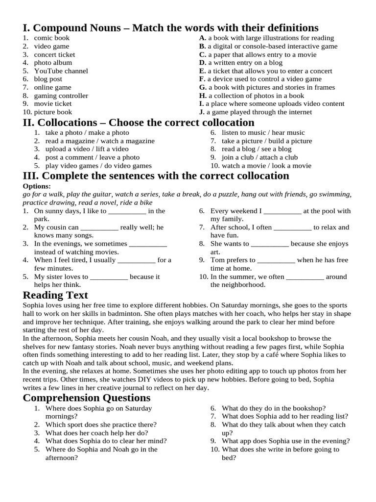 Free Time Collocations and Compind Nouns Exercises | PDF