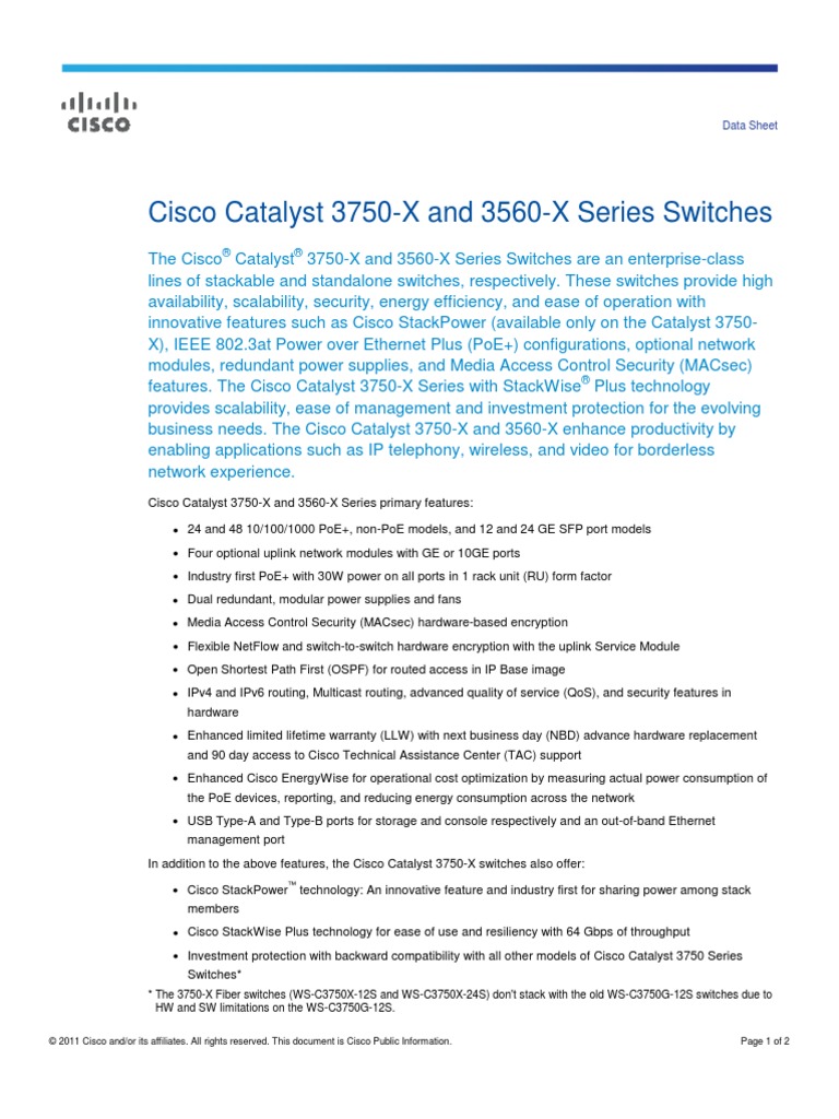 Cisco Catalyst 3750-X and 3560-X Series Switches: Data Sheet | PDF ...