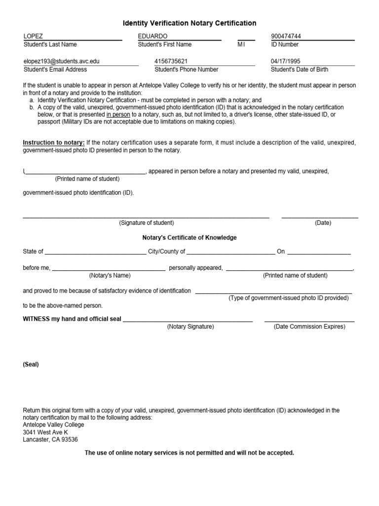 Notary Identity Verification Form | PDF | Identity Document | Notary Public