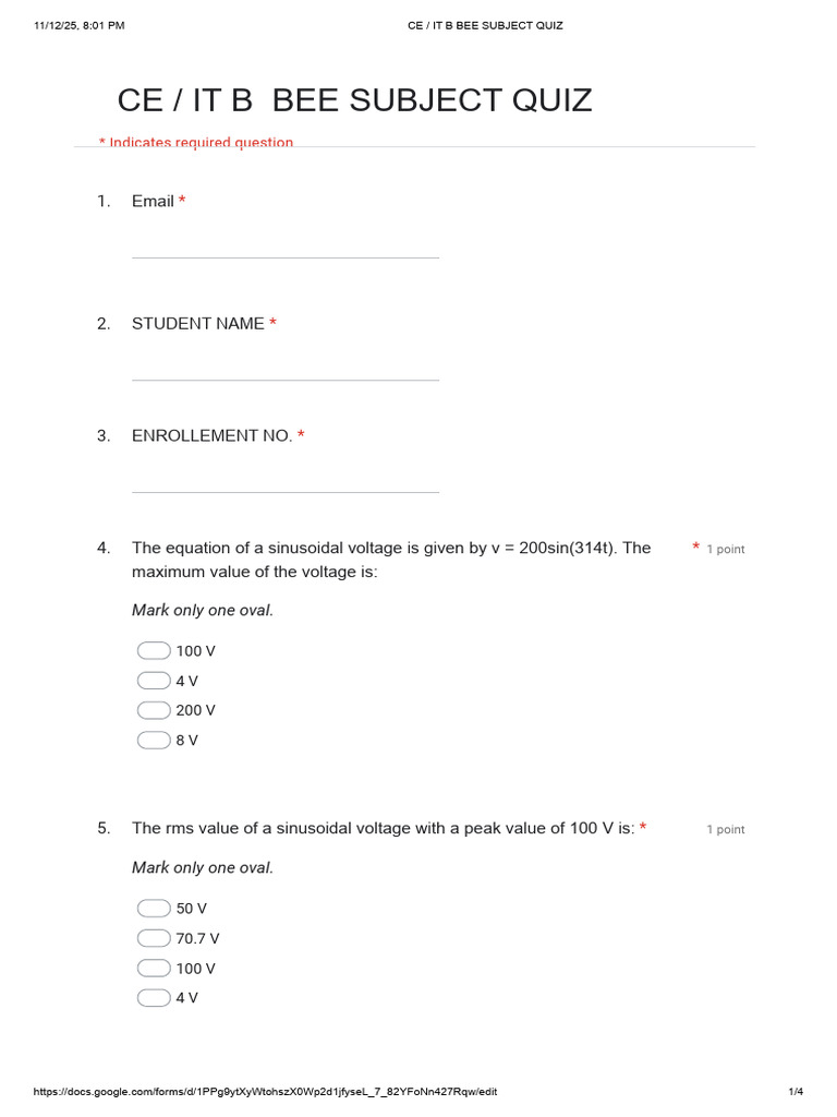 BEE Subject Quiz: AC Circuit Concepts | PDF | Electrical Engineering ...