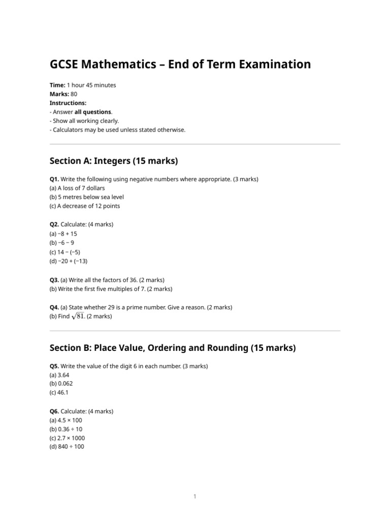 Gcse Mathematics Exam Paper (Based On Given Syllabus) | PDF ...