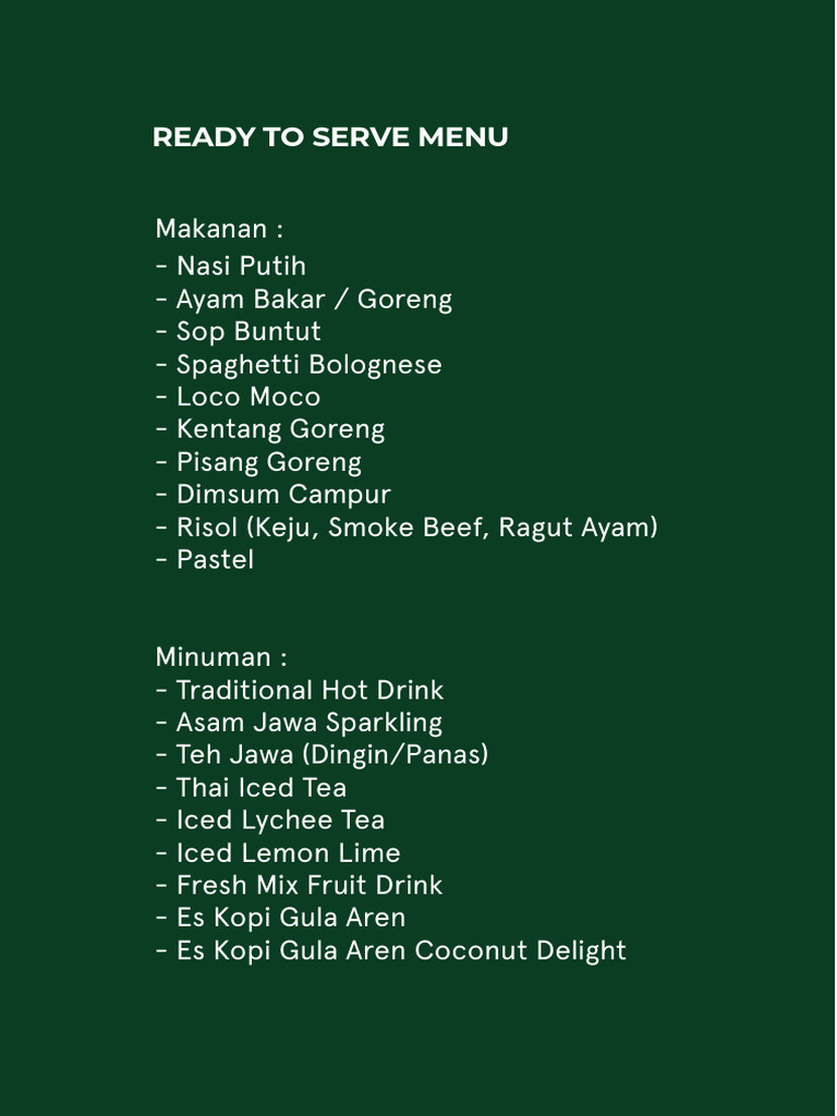 Ready to Serve Menu: Food & Drinks | PDF