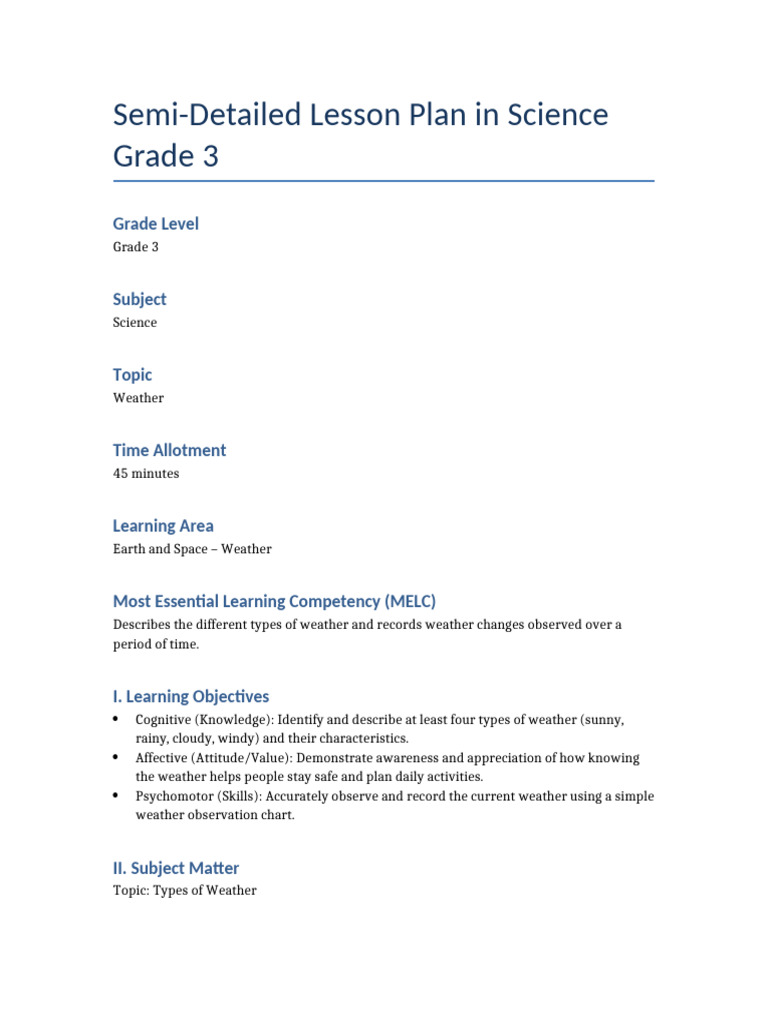 Grade 3 Weather Lesson Plan | PDF