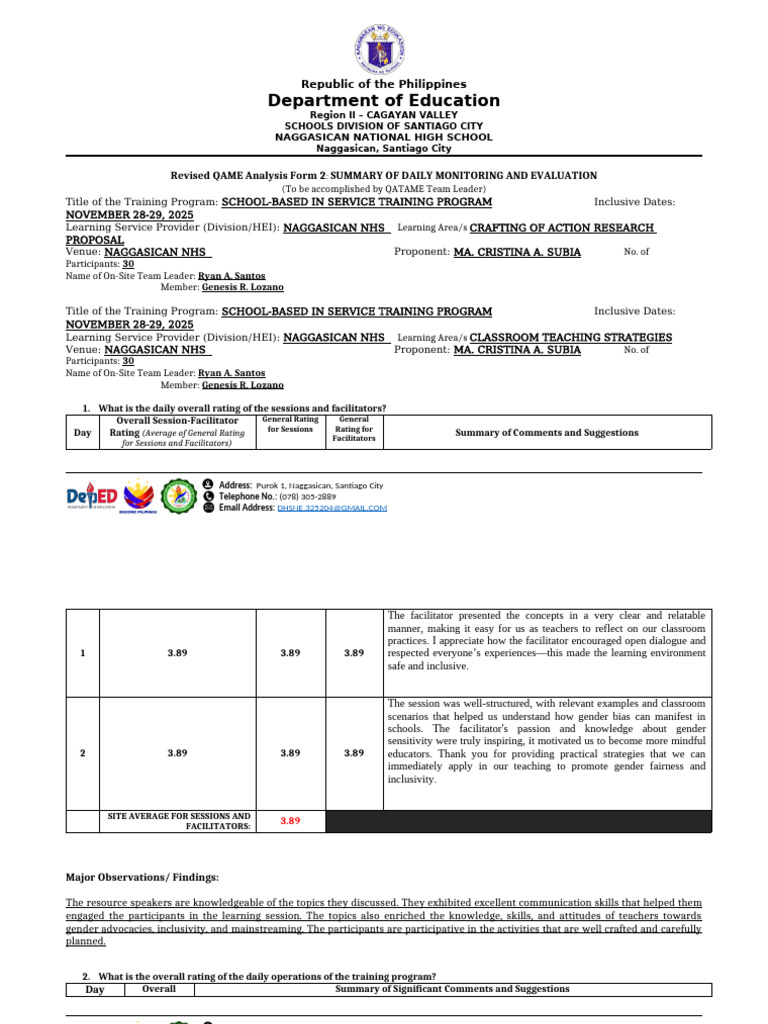QAME Analysis: School Training Evaluation | PDF | Teachers | Teaching ...