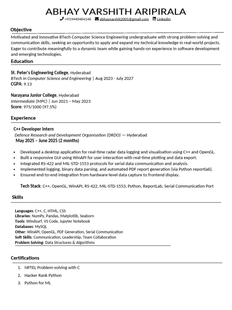 BTech Computer Science Student Resume | PDF