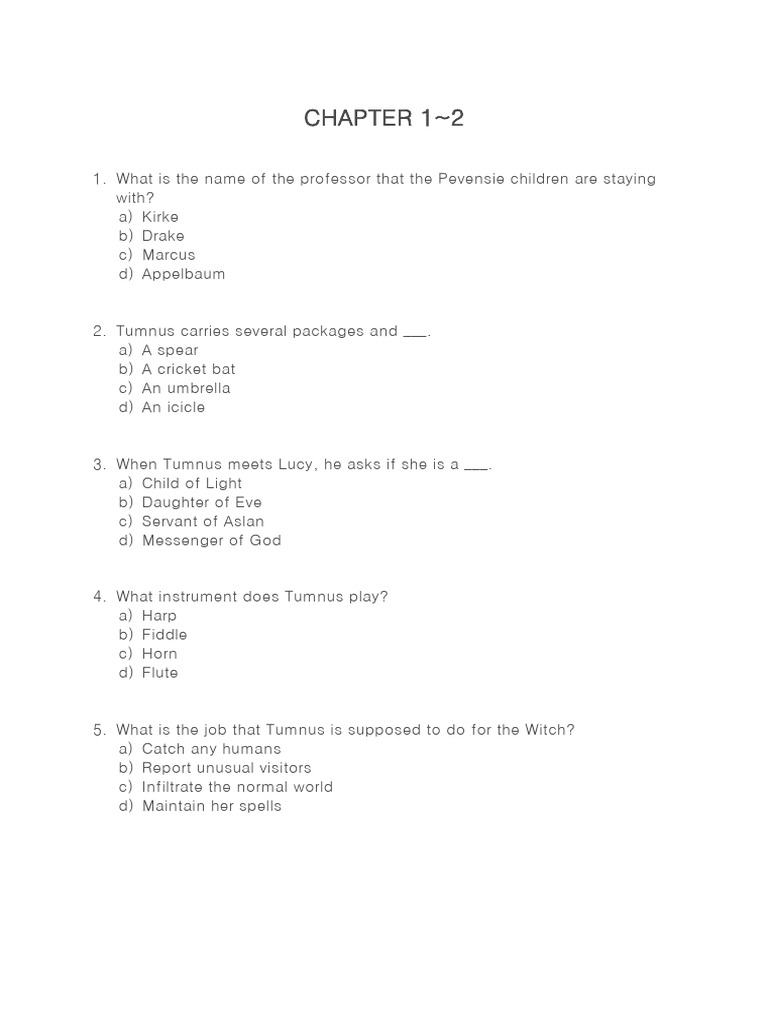 Narnia Quiz: Chapters 1-6 Questions | PDF | C. S. Lewis | The ...