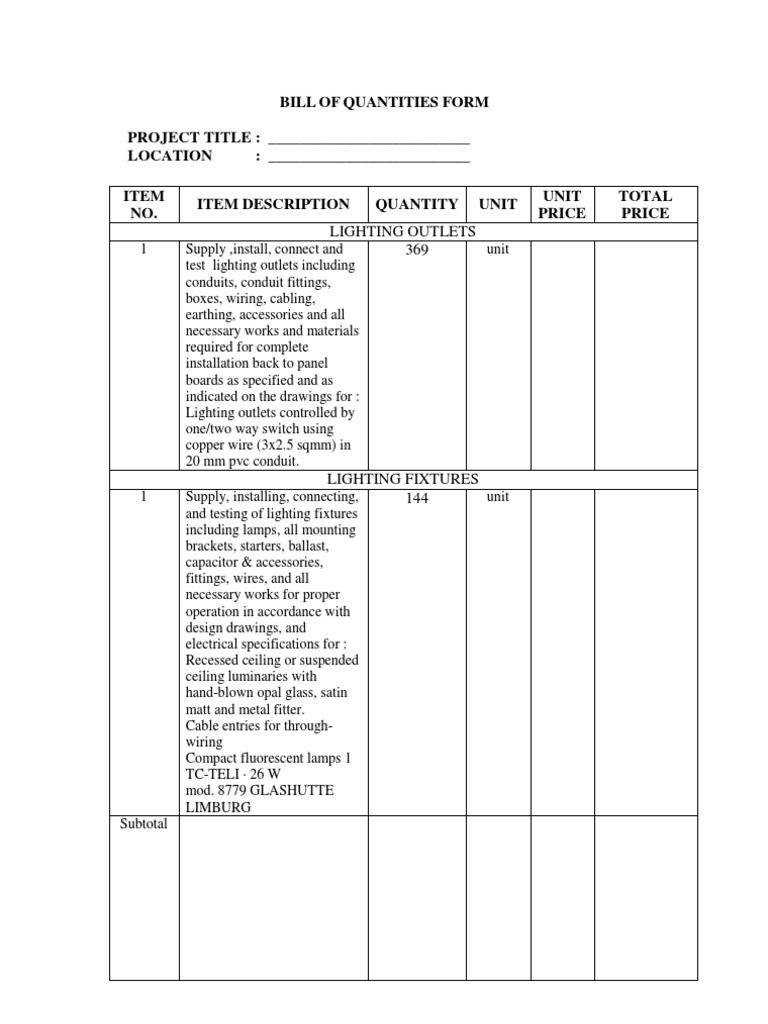Bill of Quantities Form PROJECT TITLE: - LOCATION: - Item NO. Item ...