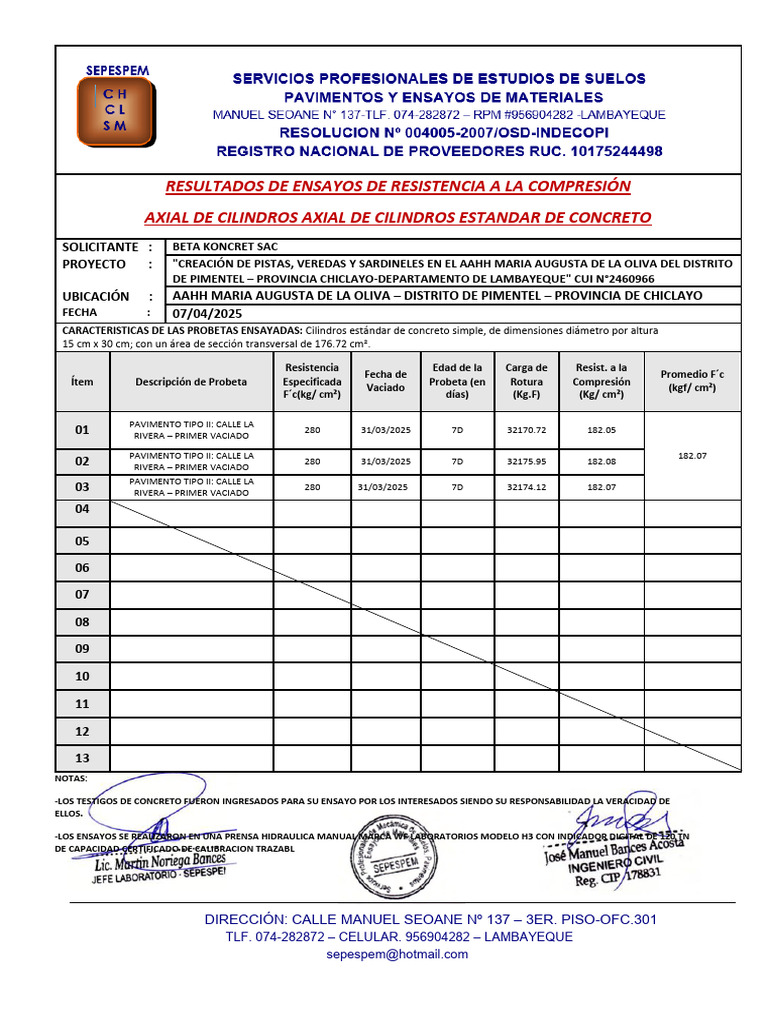 Probetas Pavimento II Av. La Rivera Primer Vaciado 7d | PDF