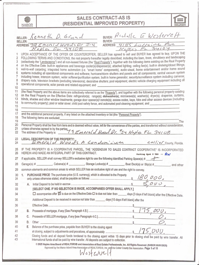 Fully Executed Contract - 79 Emerald Woods DR J-4 Naples FL 34108 | PDF