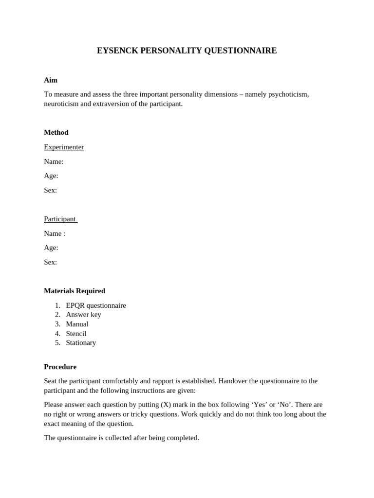 Eysenck Personality Questionnaire Guide | PDF