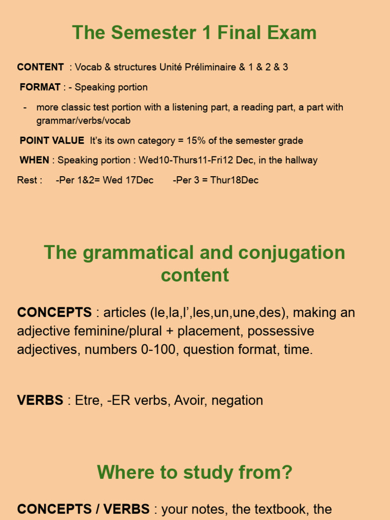 Semester 1 French Exam Study Guide | PDF | Languages | Foreign Language ...