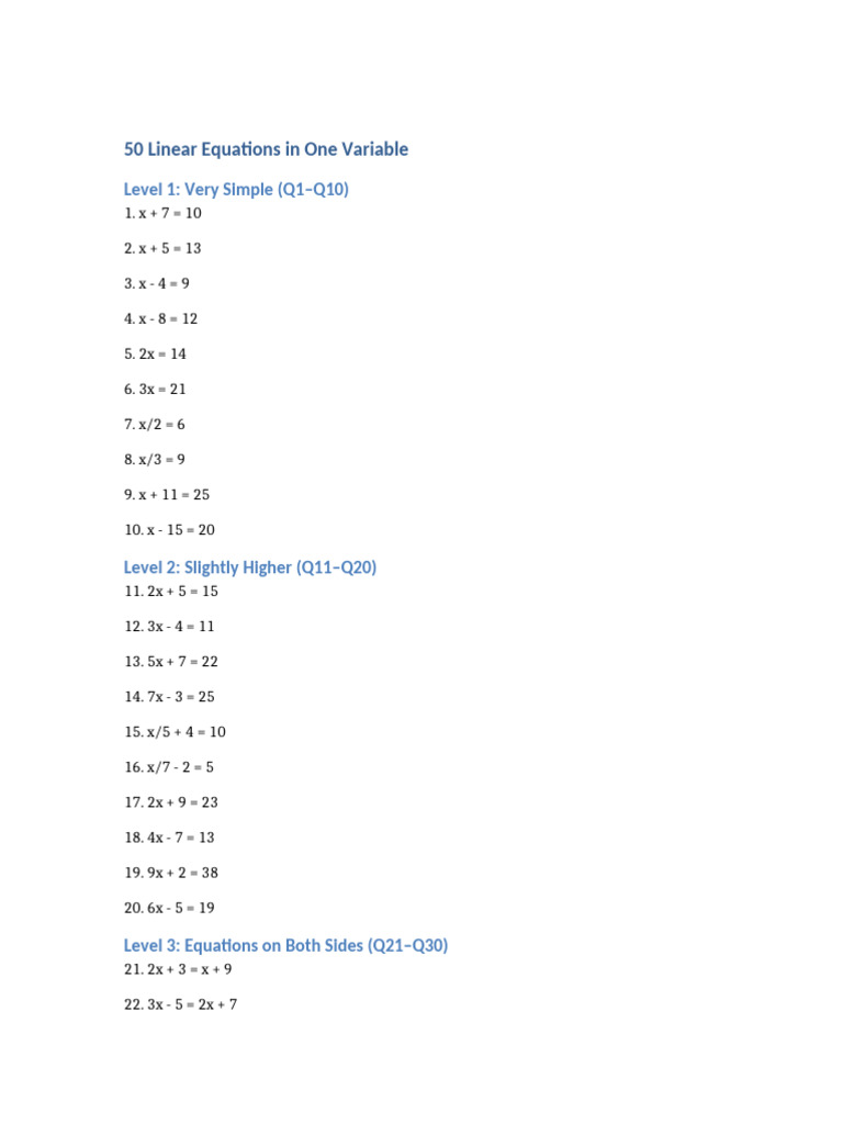 50 Simple Linear Equations Practice | PDF