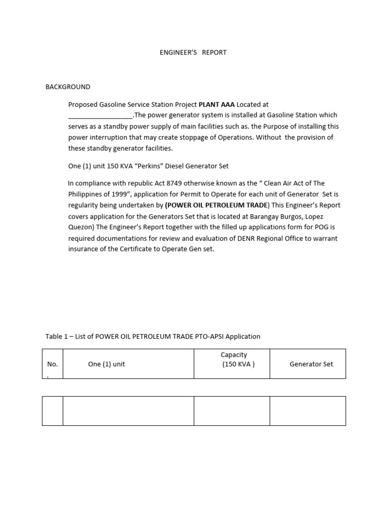 1.2 ENGINEER_s Report.docx | PDF | Exhaust Gas | Smoke