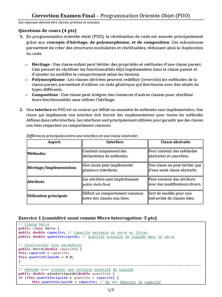Correction Examen POO : Concepts et Exemples | PDF | Classe ...