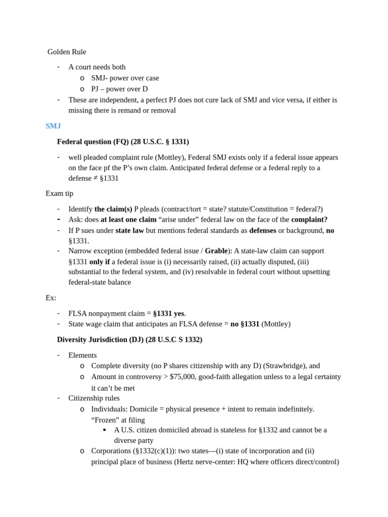 Civ Pro outline Oct | PDF | Diversity Jurisdiction | Civil Procedure