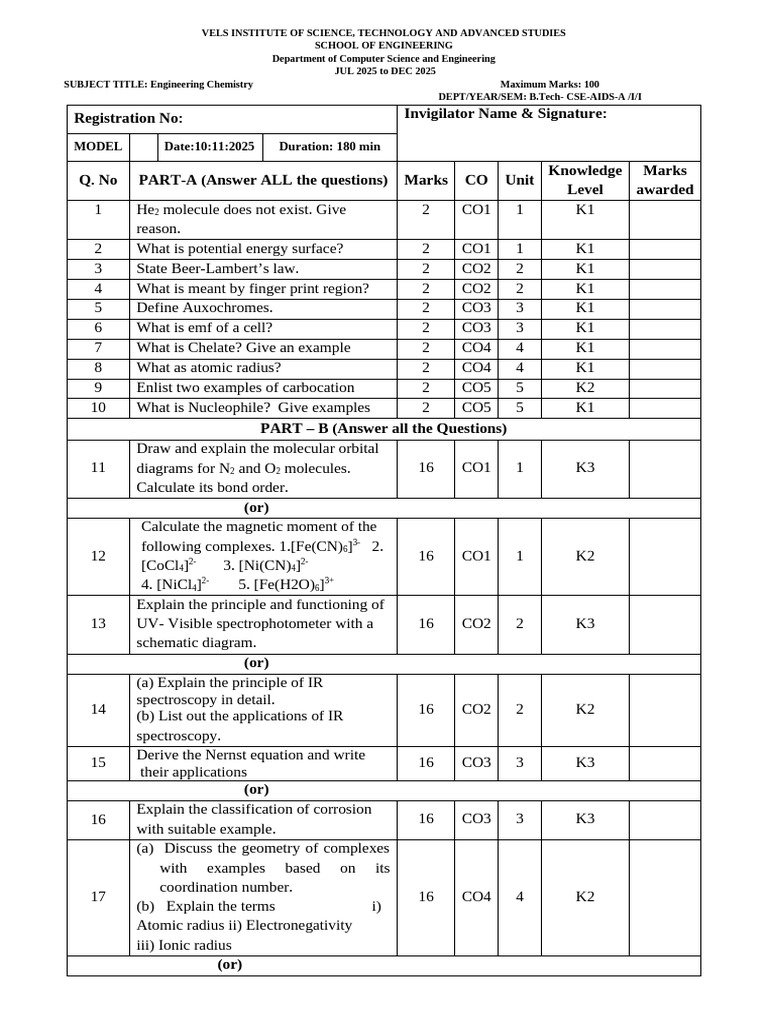 Engineering Chemistry Model exam Question paper-2025 | PDF | Chemical ...