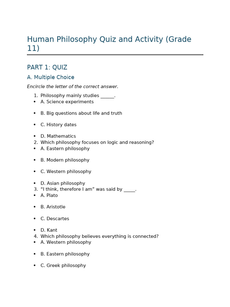 Grade 11 Human Philosophy Quiz & Activity | PDF | Western Philosophy ...