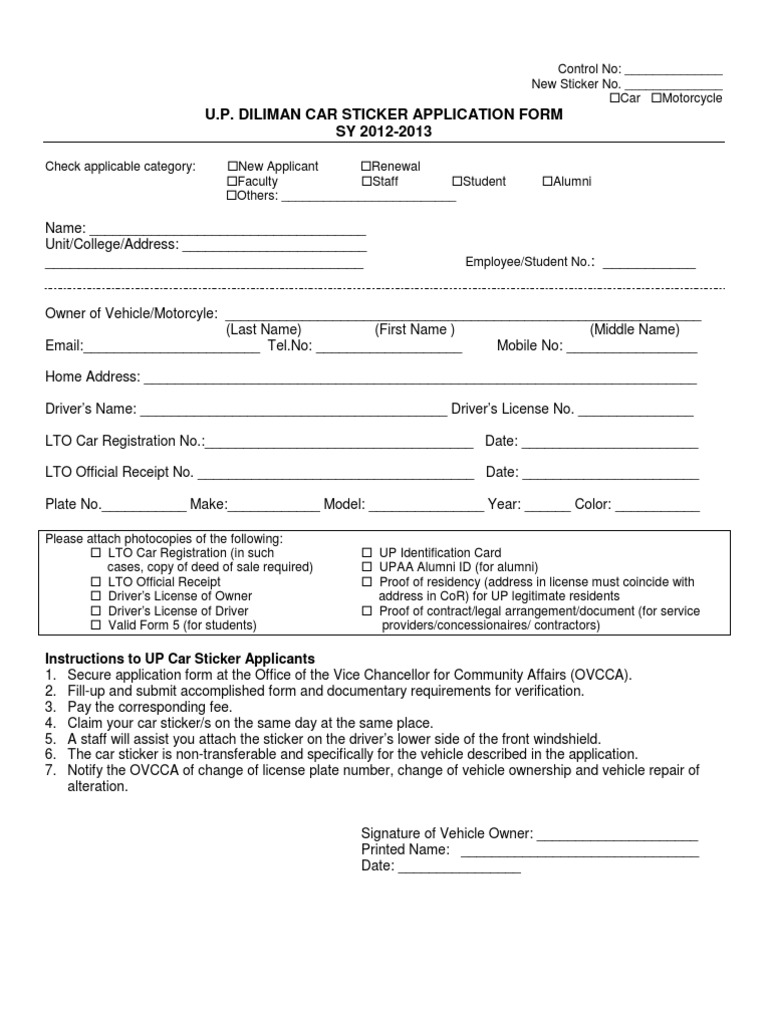 Car Sticker Form & Guidelines | Identity Document | Driver's License