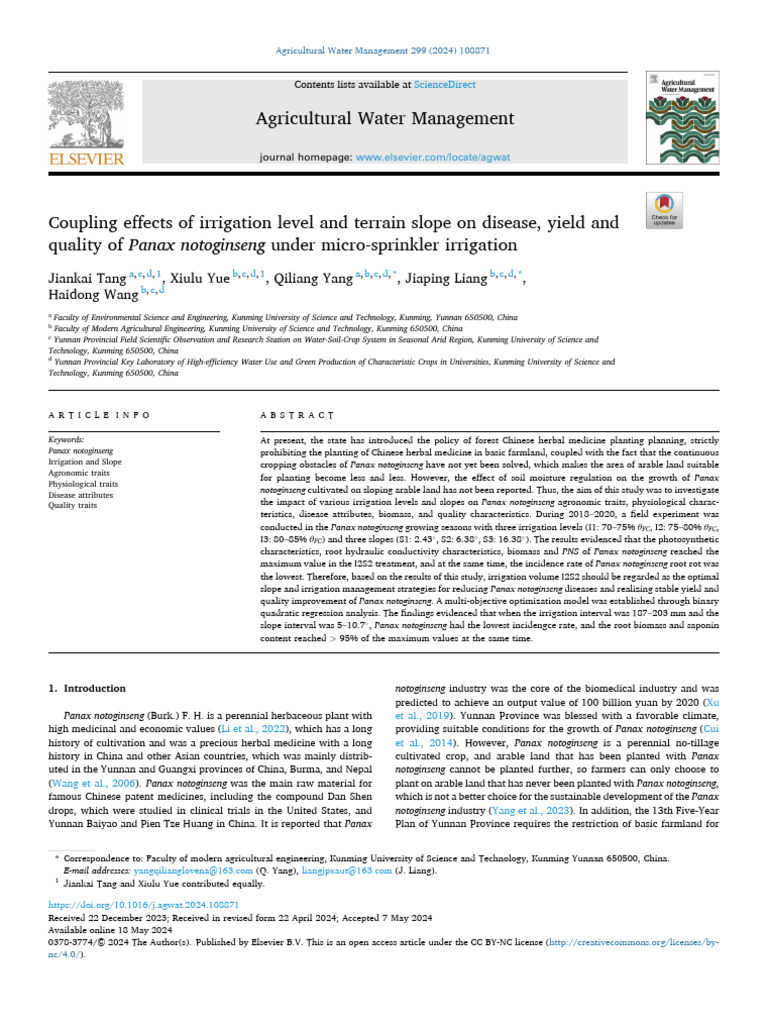 Coupling Effects of Irrigation Level and Terrain Slope on Disease ...
