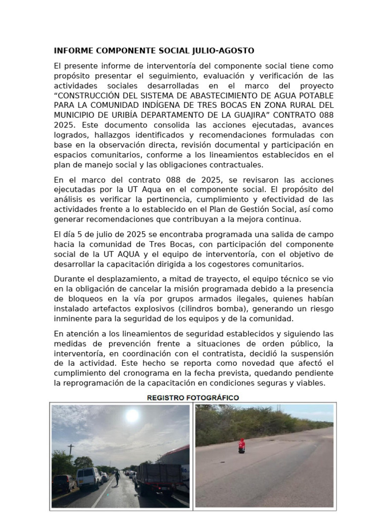 Informe Componente Social Julio | PDF | Agua