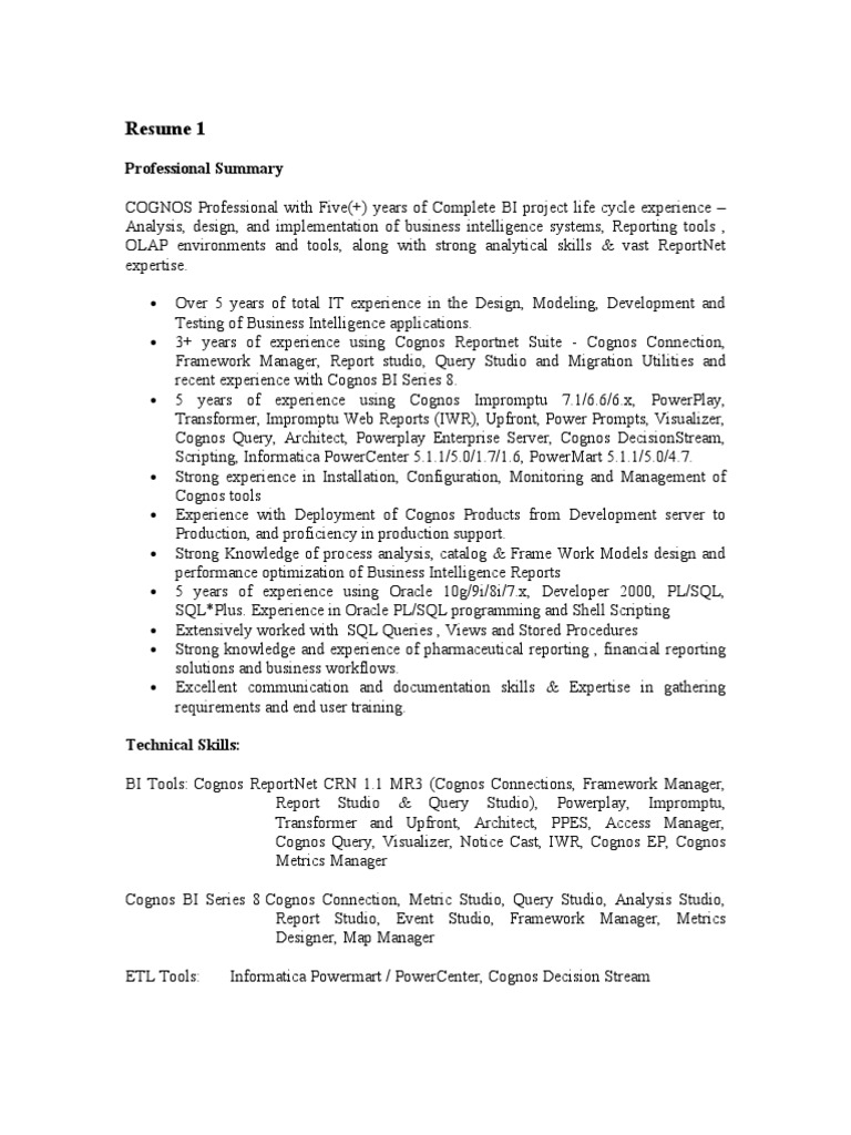 Cognos Resumes | PDF | Oracle Database | Ibm Db2