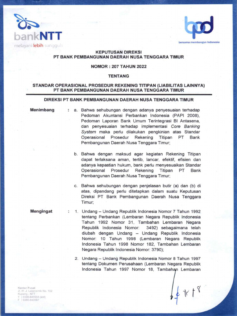 SK Direksi No 207 Tahun 2022 Tentang Sop Rekening Titipan Liabilitas ...