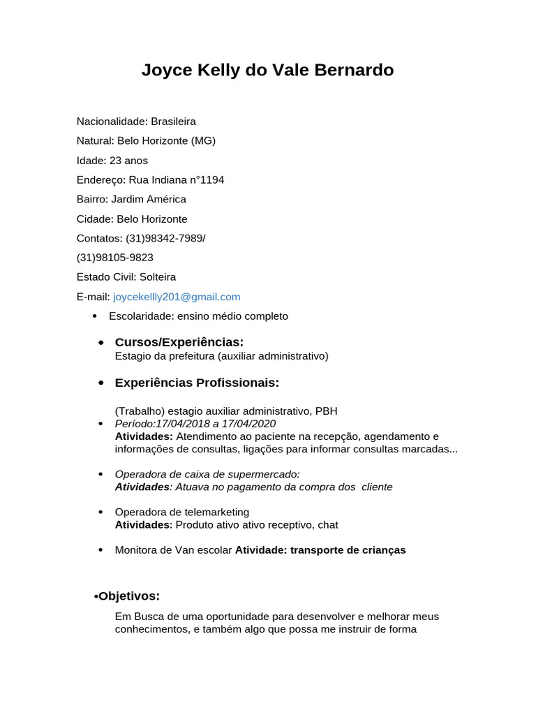 Currículo de Joyce Kelly do Vale Bernardo | PDF
