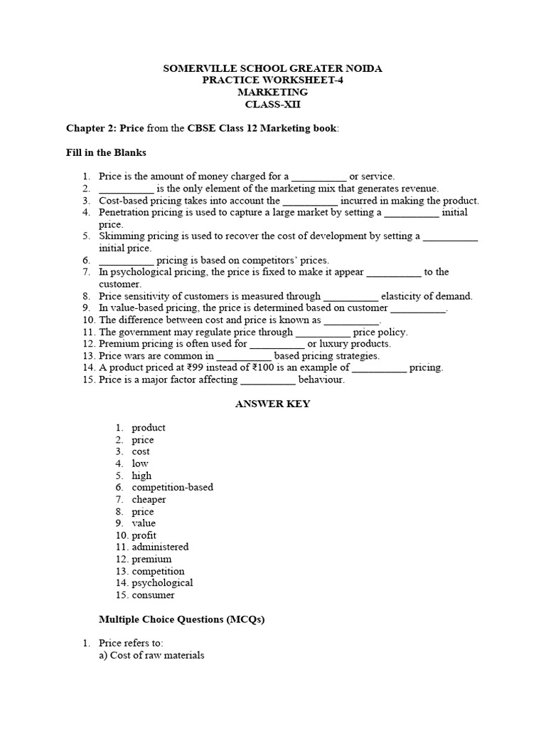 Marketing Pricing Strategies Worksheet | PDF | Pricing | Prices