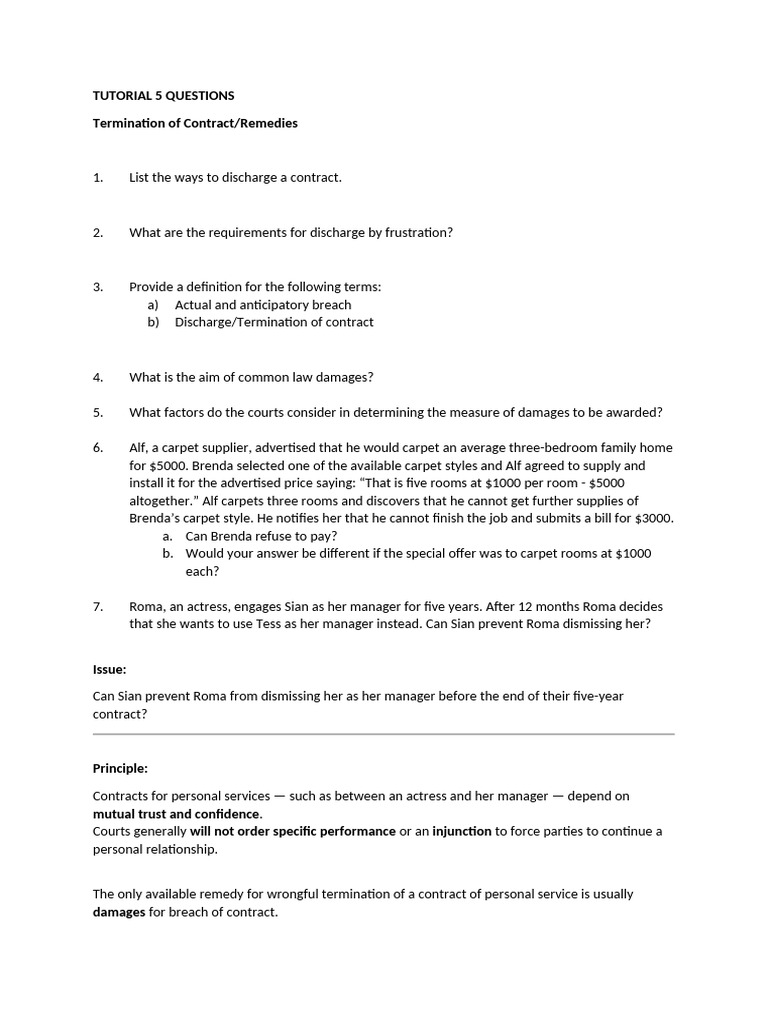 Bu 1112 - Tutorial 5 Questions | PDF | Breach Of Contract | Legal Remedy