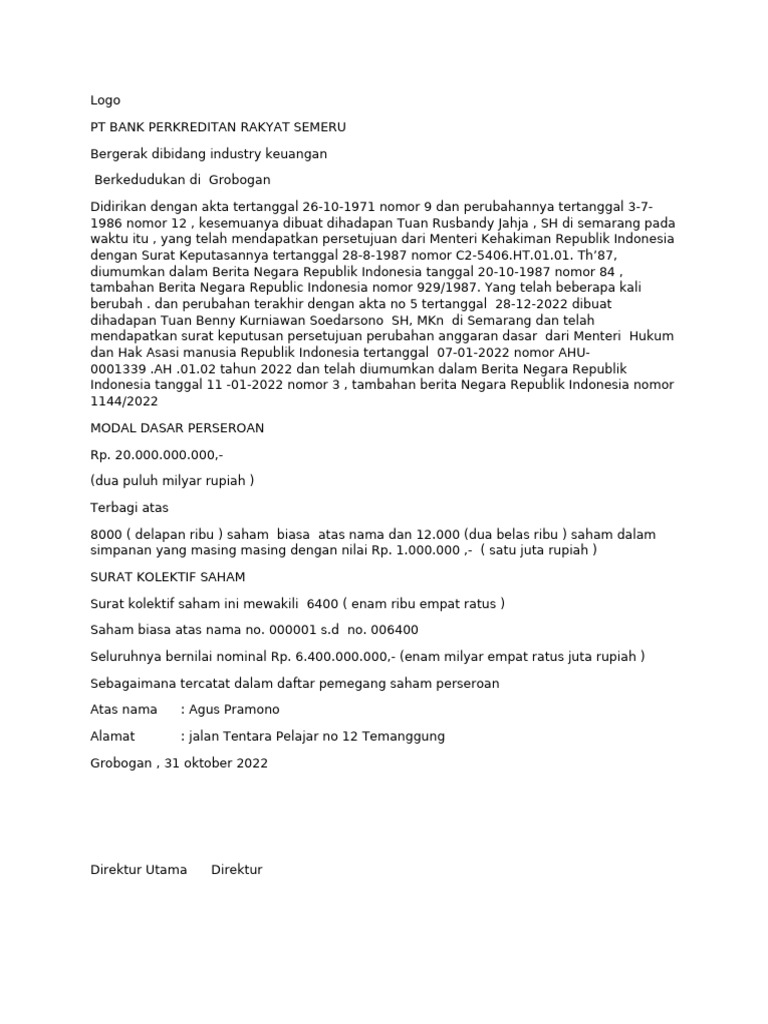 Contoh Surat Saham | PDF
